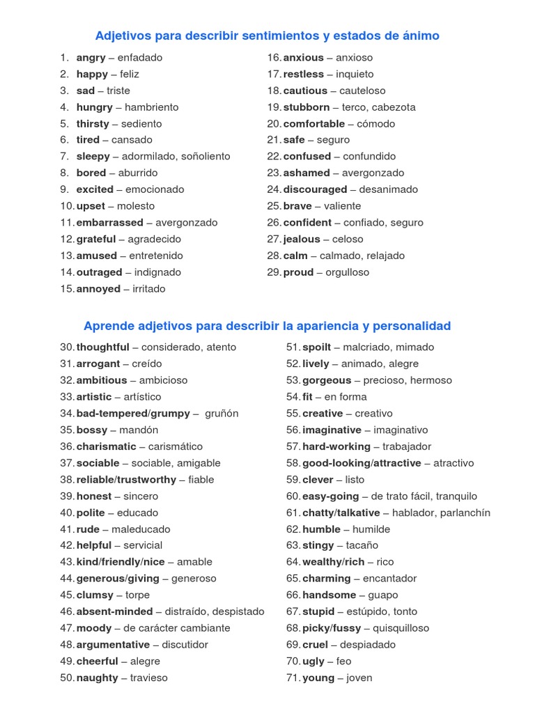 Adjetivos para Describir Sentimientos y Estados de Ánimo | PDF