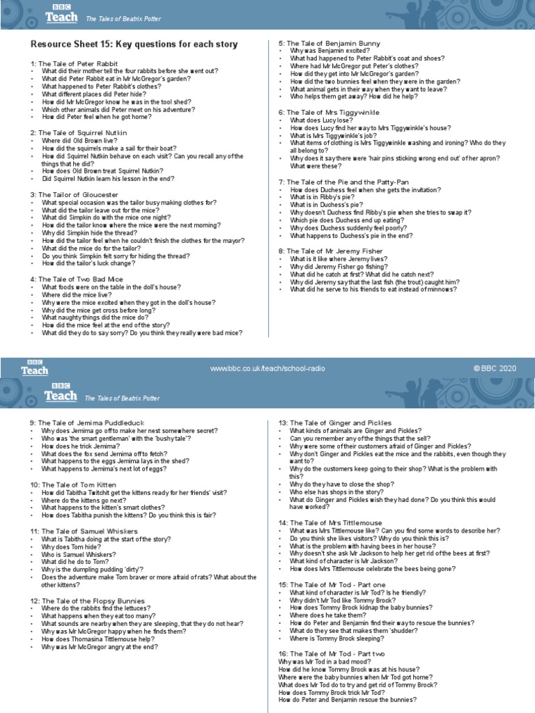 Resource Sheet 15: Key Questions For Each Story: 5: The Tale of ...
