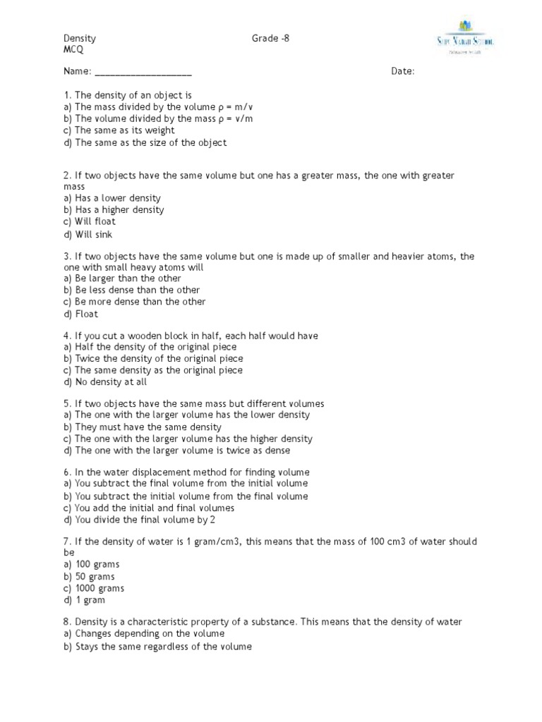 Grade 8 Density MCQ Worksheet | PDF | Density | Water