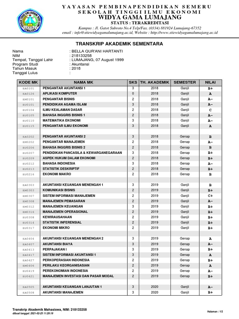 Transkrip Akademik Bella Qur'ani | PDF | Pengelolaan Keuangan & Uang