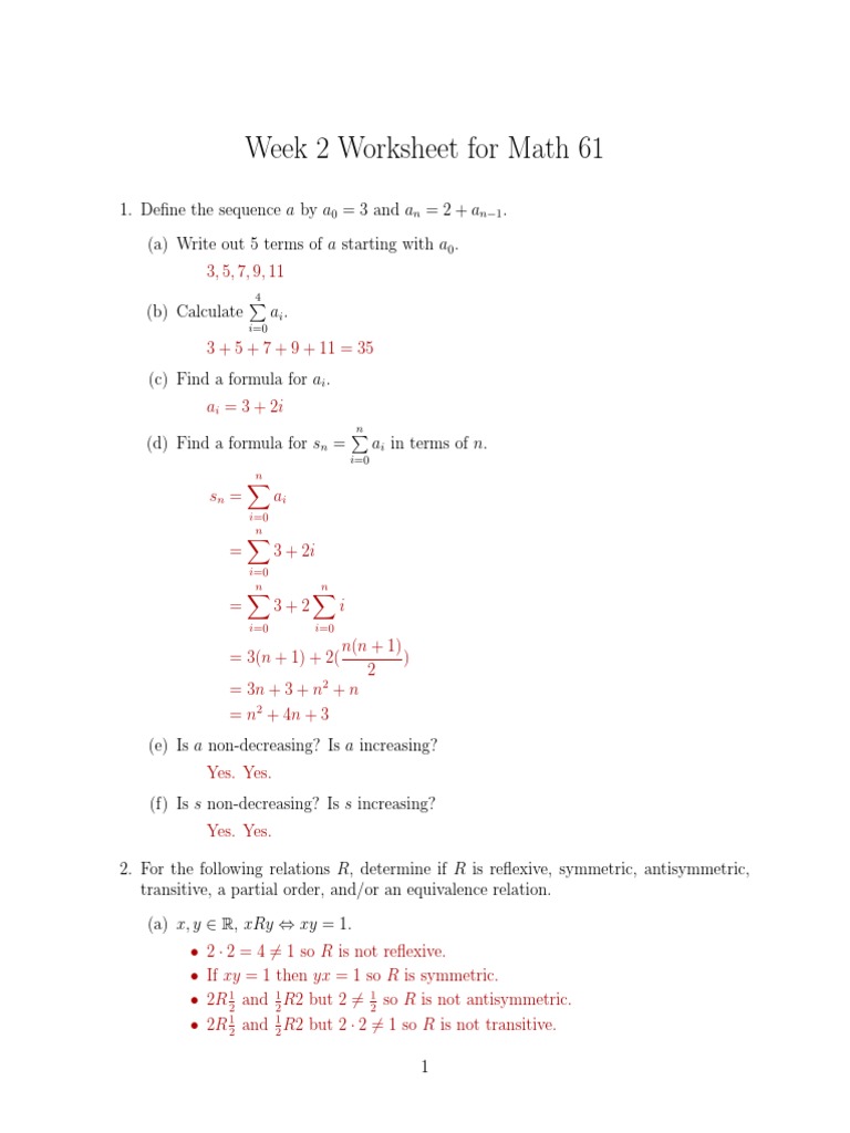 Week 2 Worksheet Answers | PDF | Mathematical Objects | Elementary ...