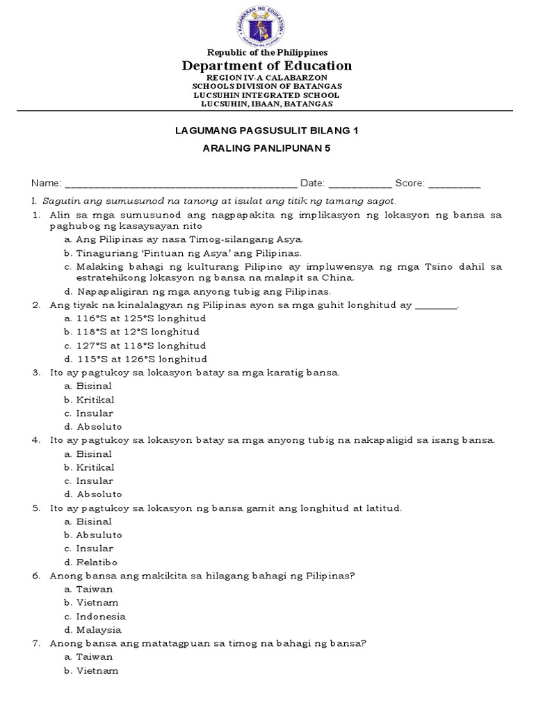 Grade 5 Summative Test in AP Modules 1-3 | PDF