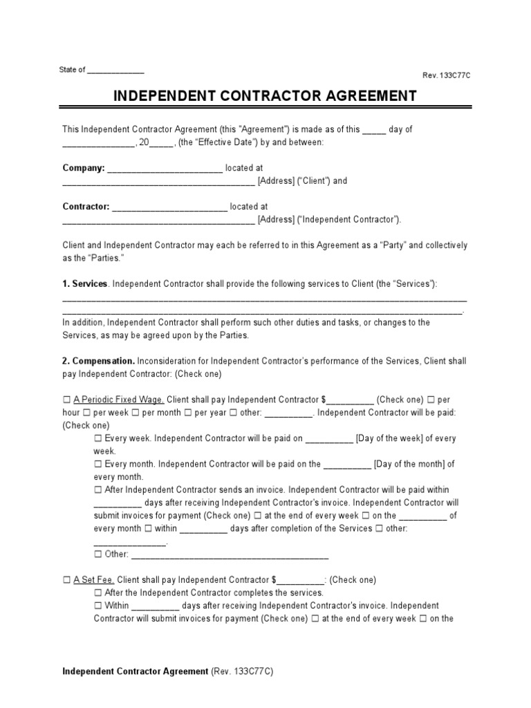 Independent Contractor Agreement: State of - Rev. 133C77C | PDF ...