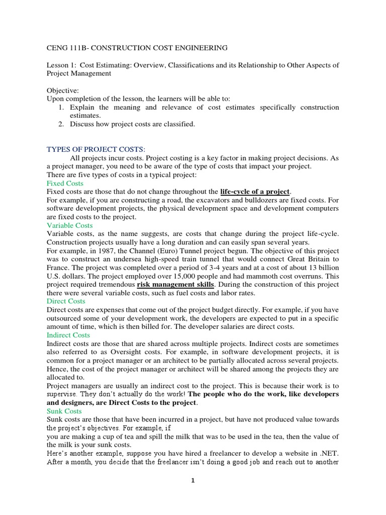 HandOut1B Types of Project Costs | PDF | Project Management | Accuracy ...