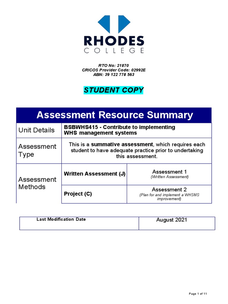 SATool - BSBWHS415 - Contribute To Implementing WHS Management Systems ... SATool - BSBWHS415 - Contribute To Implementing WHS Management Systems ...