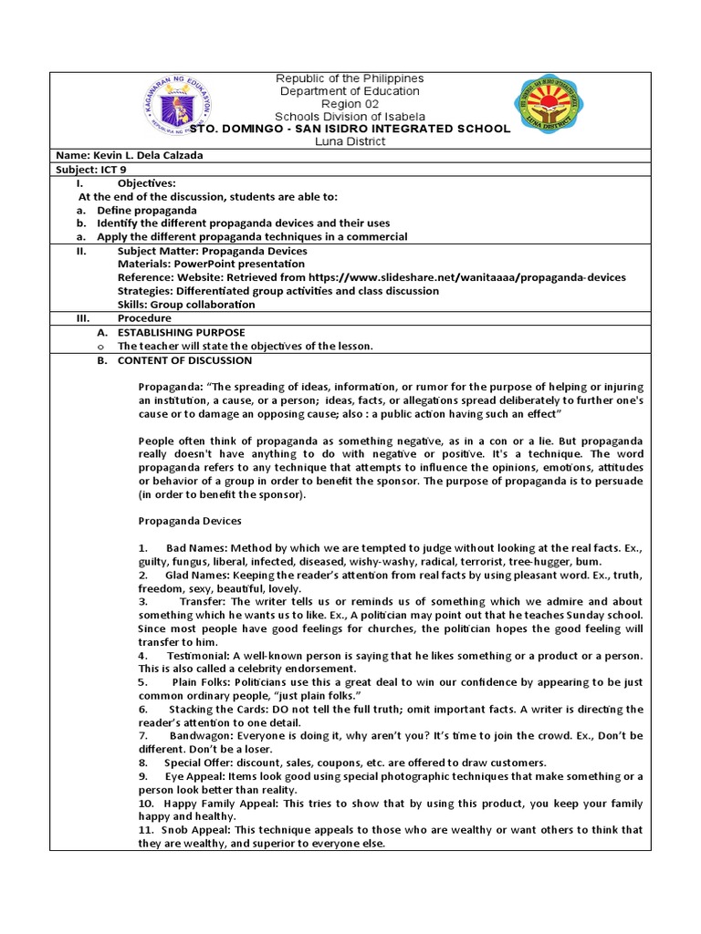 ICT Grade 9 Propaganda Devices | PDF | Propaganda | Educational Technology