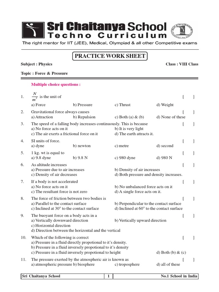Class 8 Physics Practice Worksheet | PDF | Force | Pressure