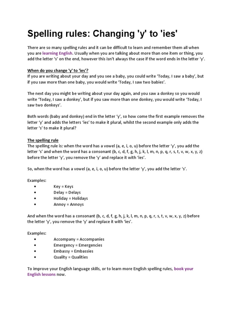 Spelling Rules: Changing 'Y' To 'Ies': Learning English | PDF | English ...