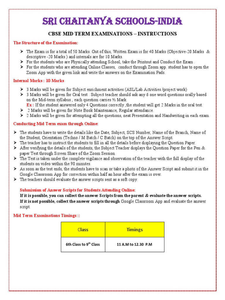 CBSE Mid Term Exam Instructions | PDF | Test (Assessment) | Educational ...