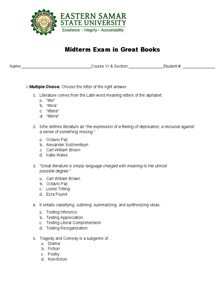 Midterm Exam in Great Books | PDF