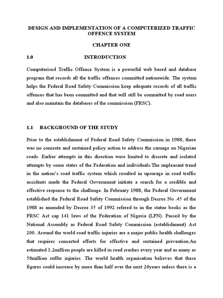 Design and Implementation of A Computerized Traffic Offence System Chapter One 1.0 | PDF ...