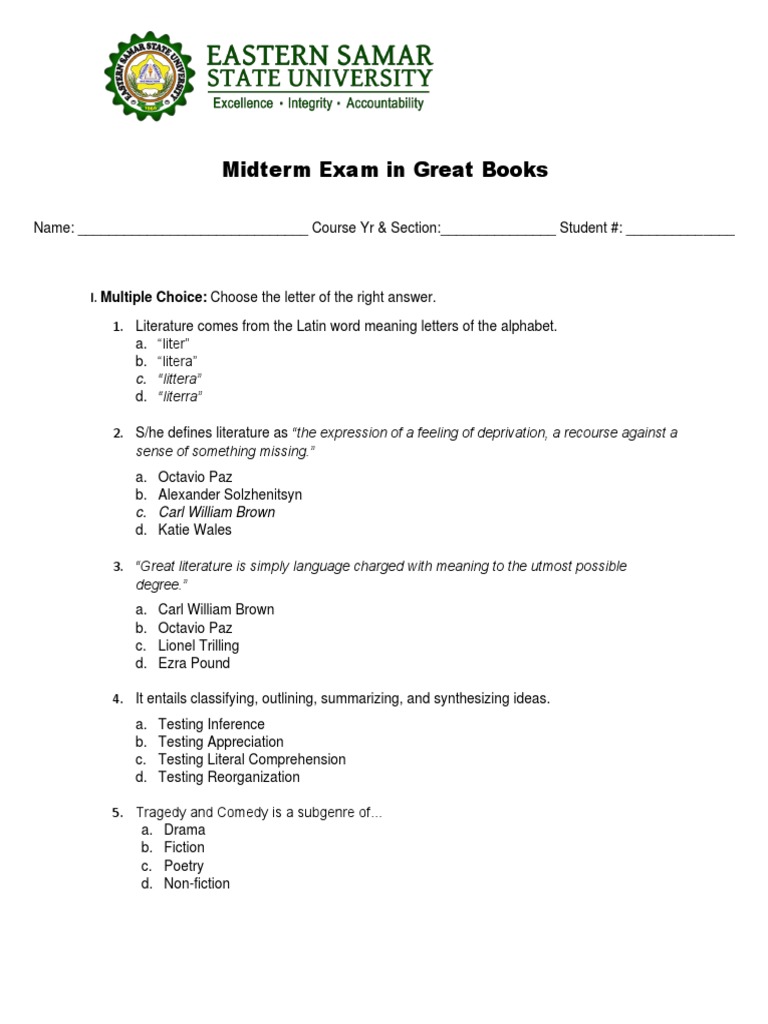 Great Books Midterm Exam Overview | PDF | General Fiction