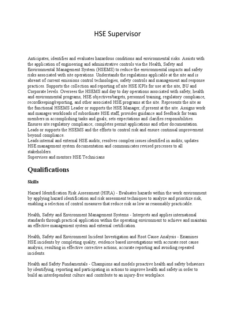 HSE Supervisor: Qualifications | PDF | Occupational Safety And Health ...