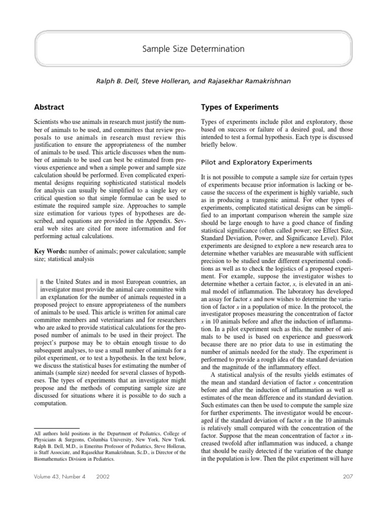 2002 Sample Size Determination Experiment Sample Size Determination