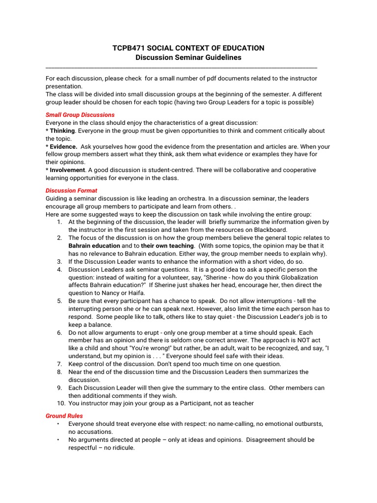 Discussion Guidelines for Seminars | PDF | Teaching | Cognition