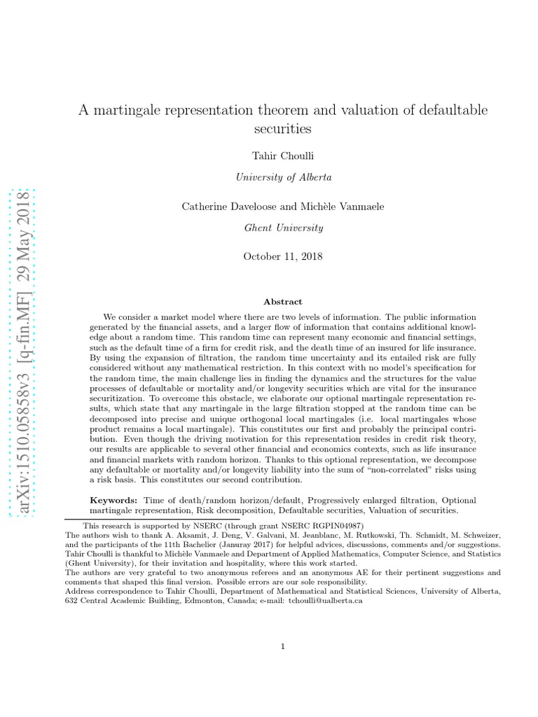 A Martingale Representation Theorem and Valuation of Defaultable ...