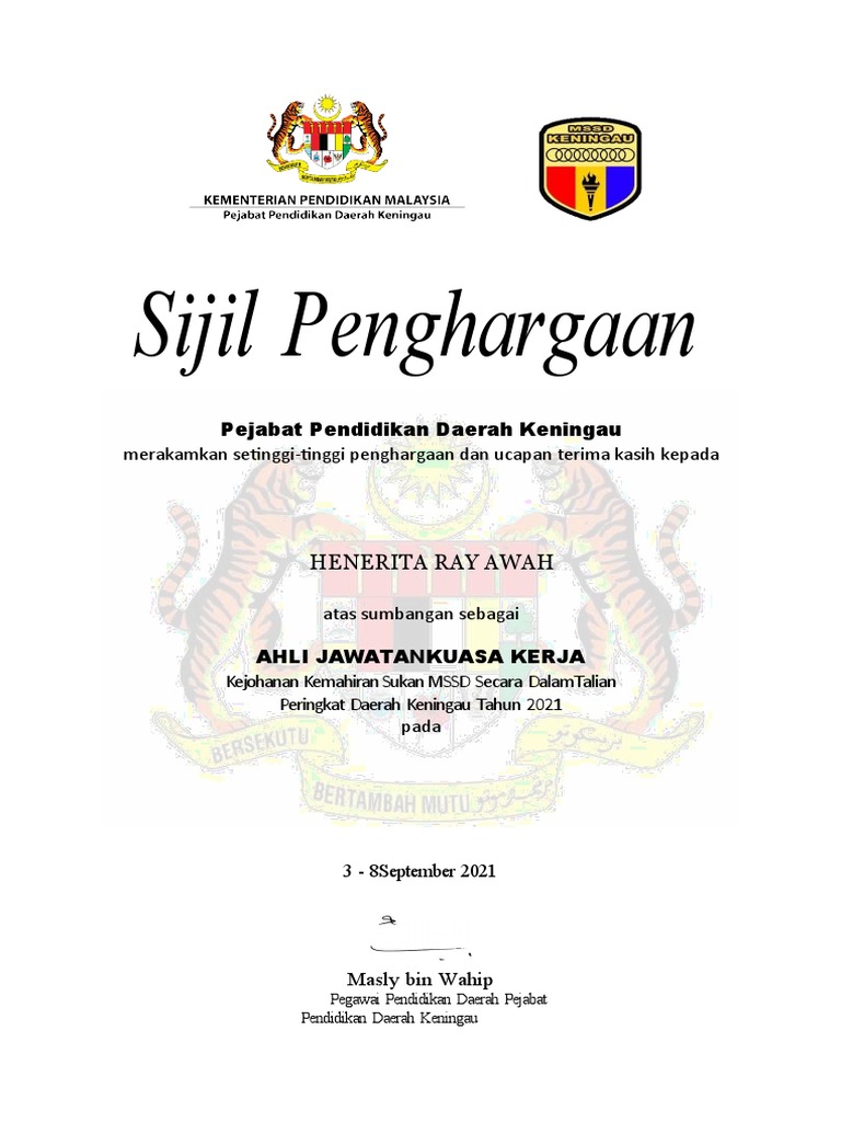 Sijil Penghargaan AJK Pengelola KS MSSD 2021 | PDF