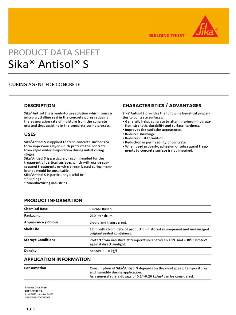 Sika® Antisol® S: Product Data Sheet | PDF | Concrete | Applied And Interdisciplinary Physics