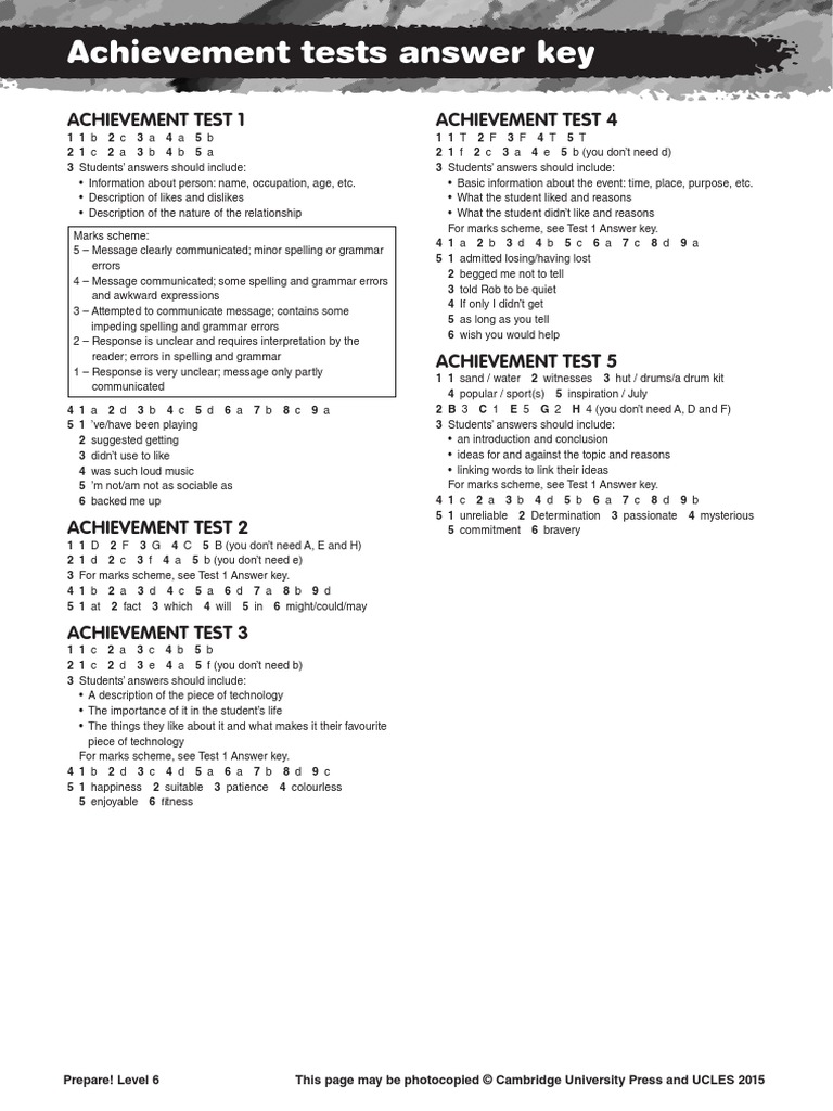 Prepare Level 6 Achievement Tests Keys All | PDF
