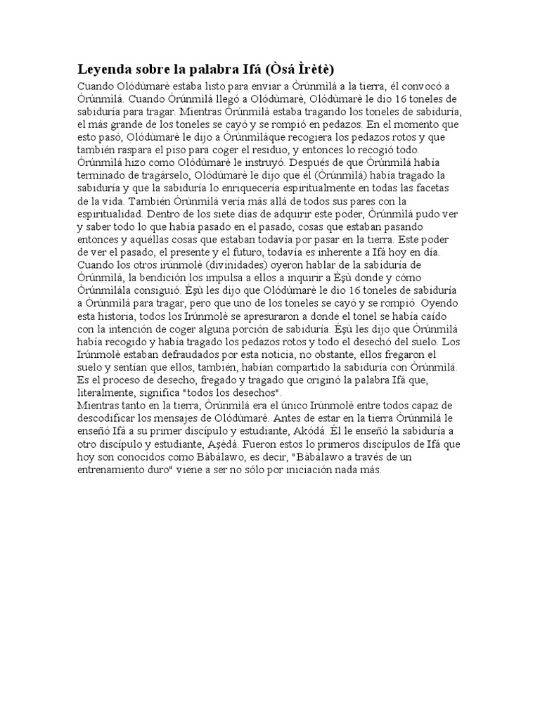 Leyenda Sobre La Palabra Ifá (Òsá Ìrètè) | PDF