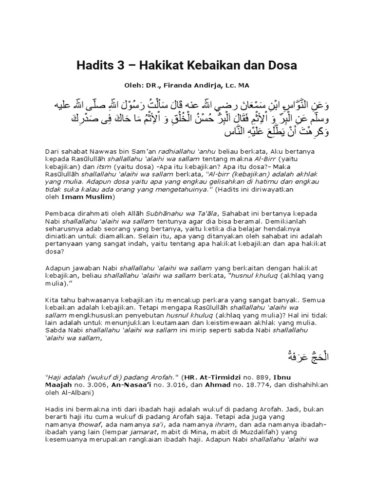 Hadits 3 - Hakikat Kebaikan Dan Dosa: Oleh: DR., Firanda Andirja, Lc. MA | PDF