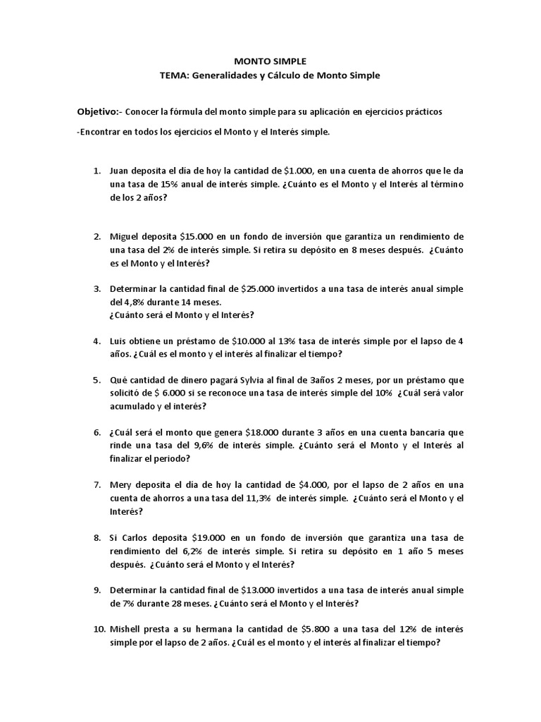 Ejercicios de Monto Simple Resueltos | PDF | Tasas de interés | Inversiones
