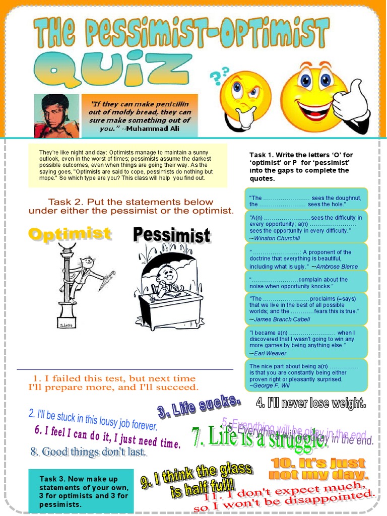 Pessimistoptimist Personality Quiz Fun Activities Games 425 | PDF ...