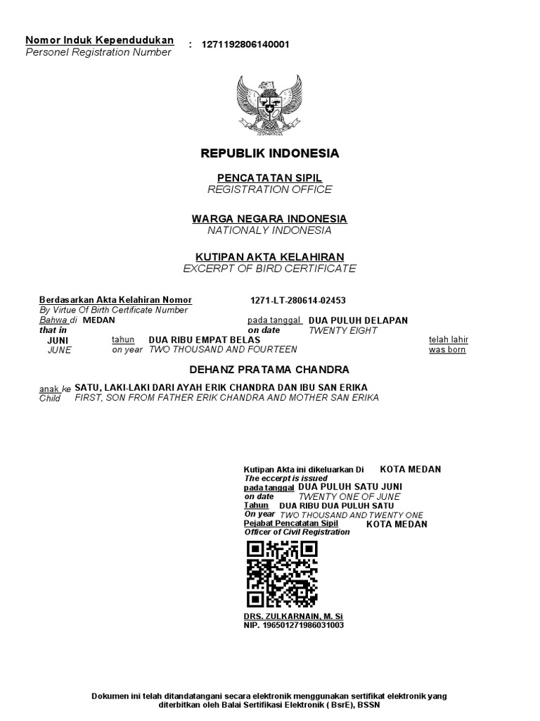 Kutipan Akta Kelahiran Medan 2021 | PDF