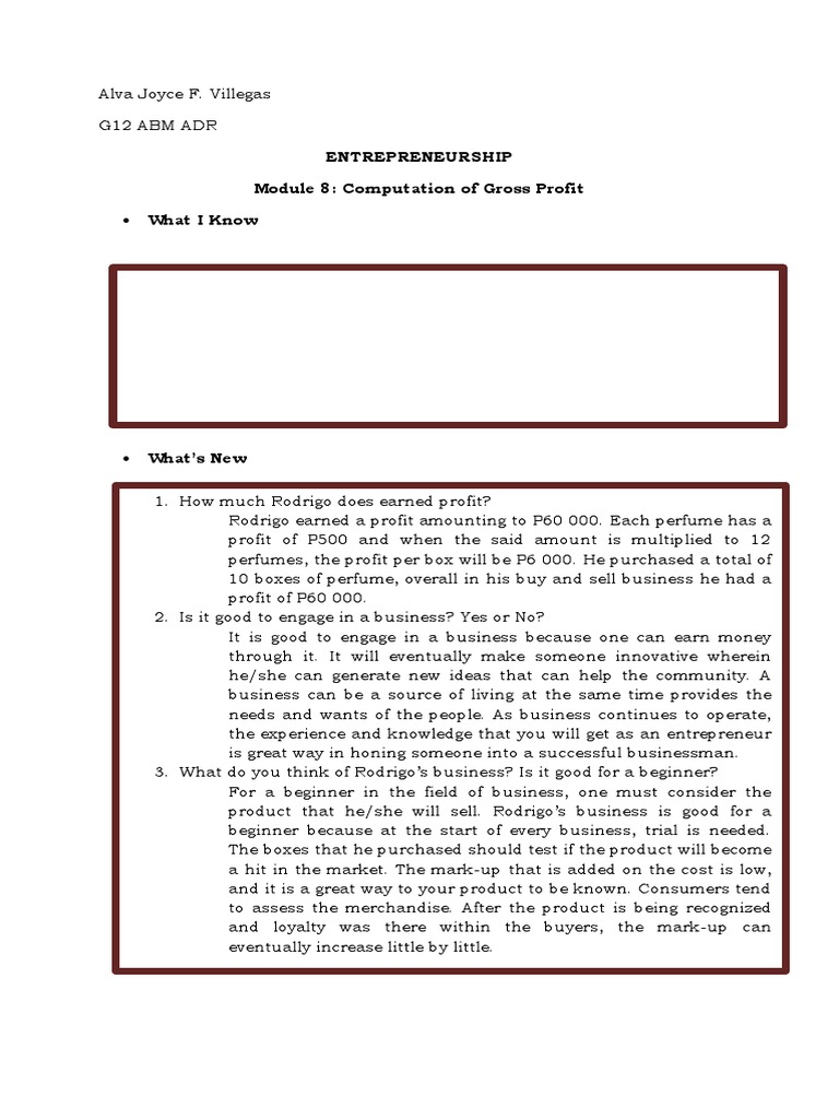 Entrepreneurship Module 8: Computation of Gross Profit What I Know ...