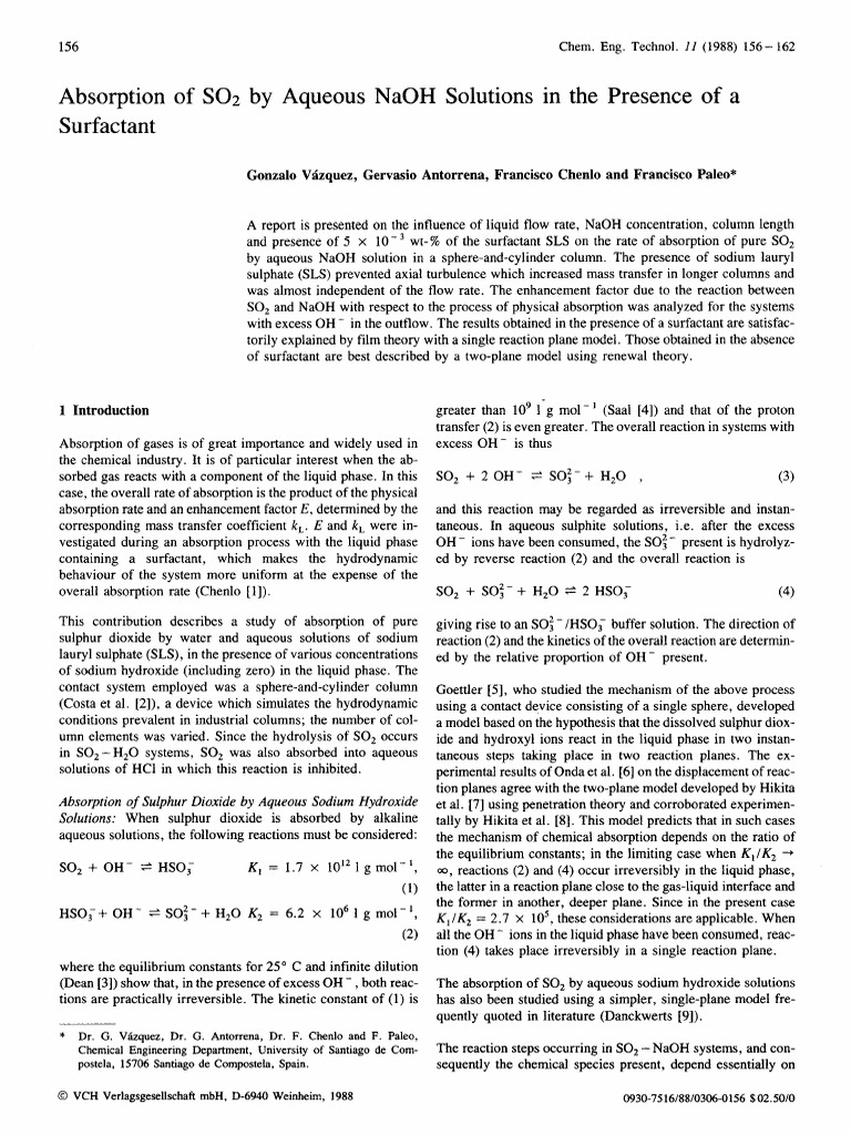 Absorption of SO2 by Aqueous NaOH Solutions in The Presence of A ...