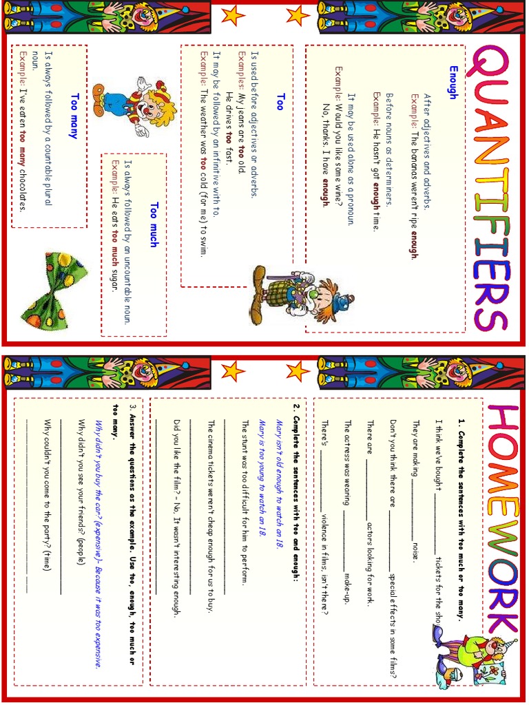 Quantifiers Too Many Too Much Enough Too | PDF | Noun | Adjective