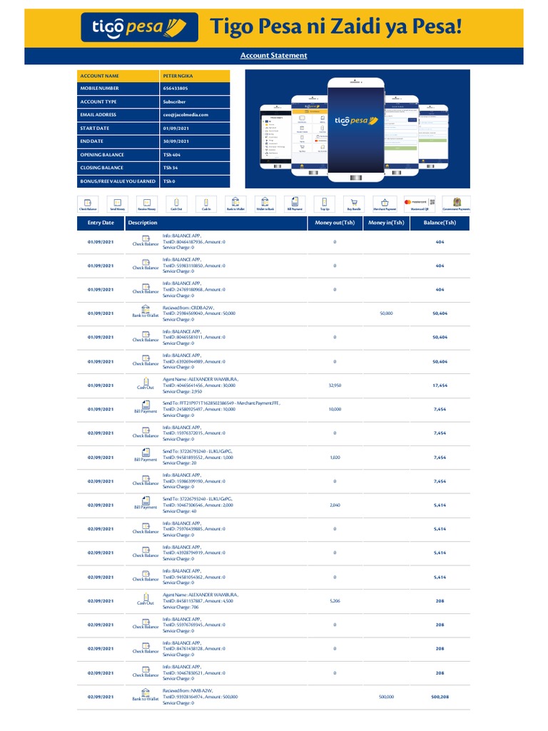 Tigo Pesa Ni Zaidi Ya Pesa!: Account Statement | PDF | Payments | Fee