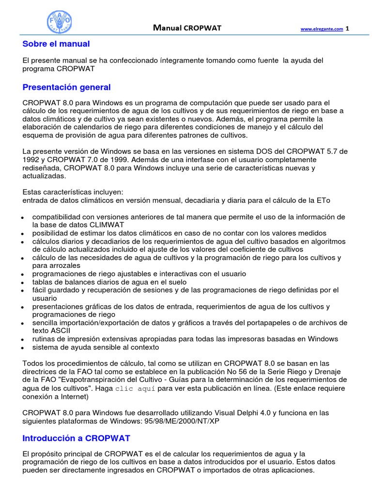 Manual de CROPWAT 8.0 para Riego | PDF | Evapotranspiración | Humedad