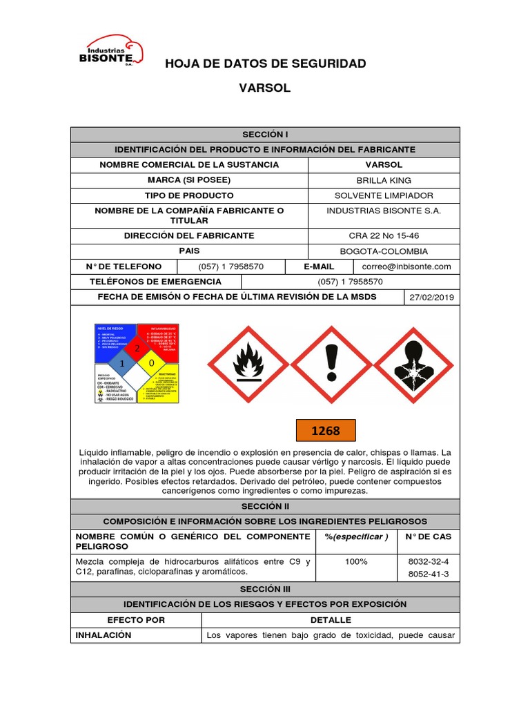 Hoja de Datos de Seguridad Varsol Brilla King | PDF | Agua | Combustión