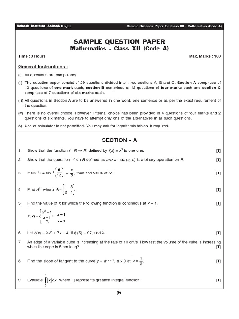 Sample Question Paper: Mathematics - Class XII (Code A) | PDF | Plane ...