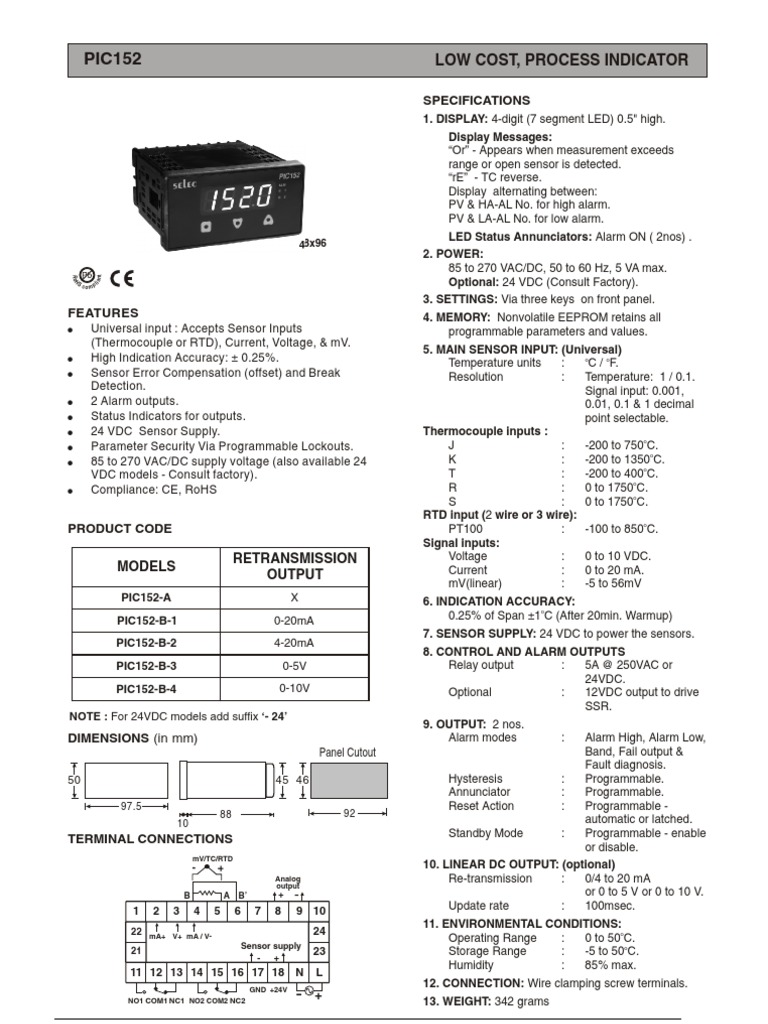 Digital Process Indicator Selectron PIC152 | PDF | Sensor | Thermocouple