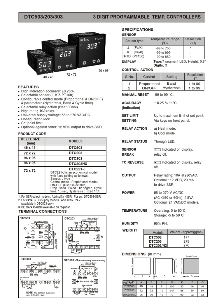 Digital Temperature Controller Selectron DTC503 203 303 | PDF | Relay ...