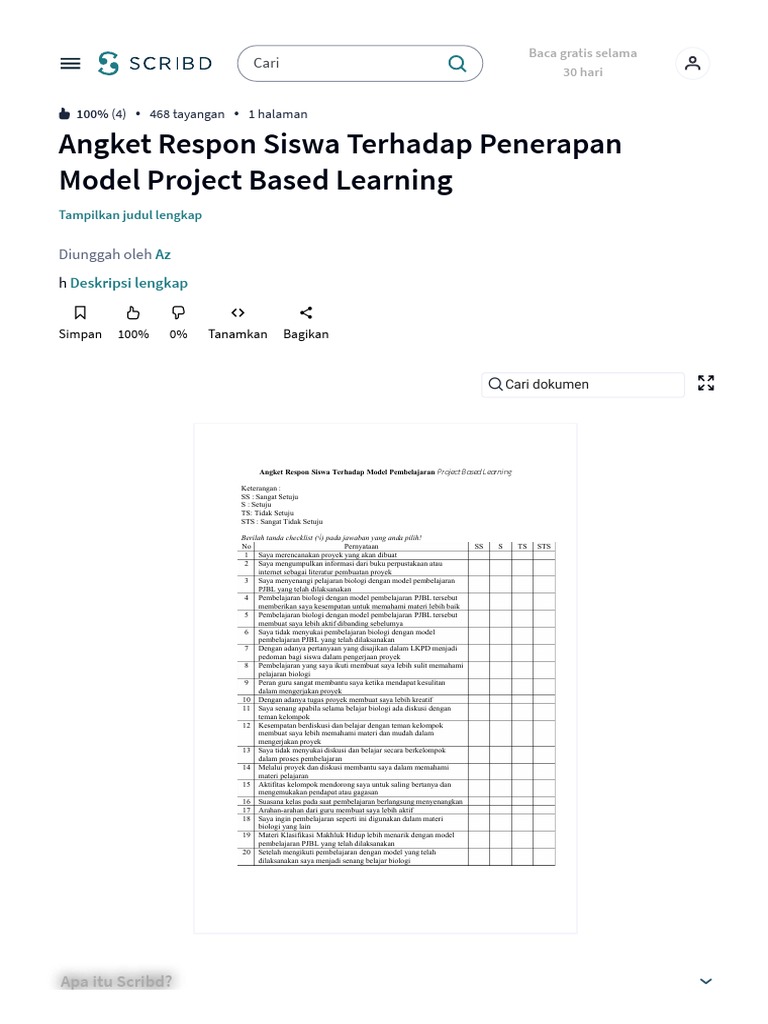 Angket Respon Siswa Terhadap Penerapan Model Project Based Learning - PDF | PDF