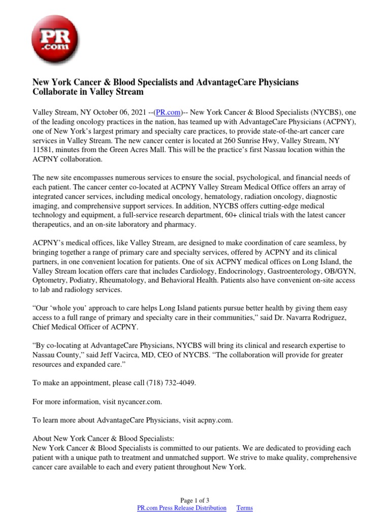 New York Cancer & Blood Specialists and AdvantageCare Physicians ...