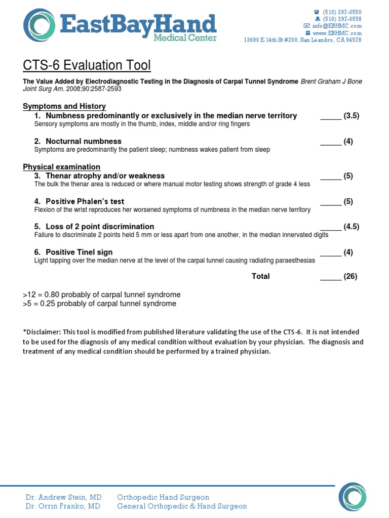 CTS-6 Evaluation Tool for Carpal Tunnel Syndrome Diagnosis | PDF ...