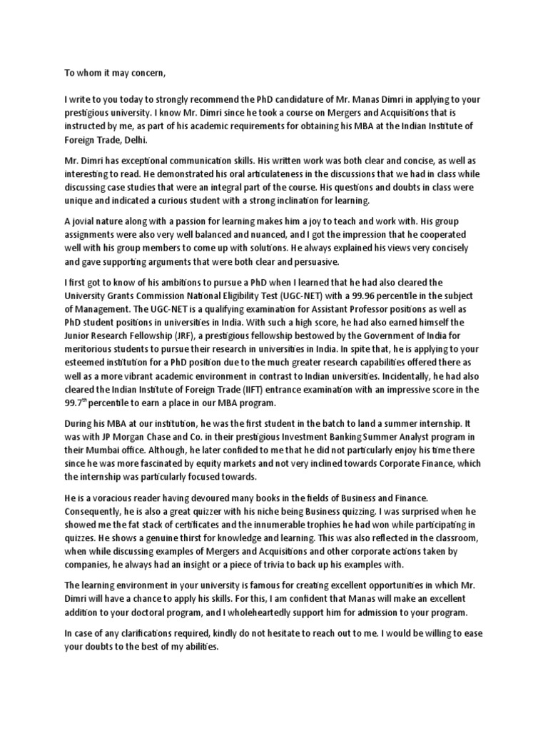Manas Dimri Recommendation Letter by Sheeba Kapil | PDF | Master Of Business Administration ...