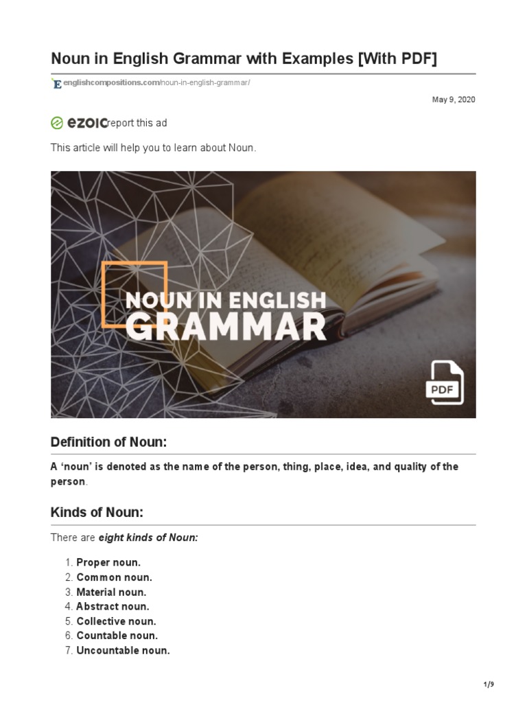 Noun in English Grammar With Examples With PDF | PDF | Noun ...