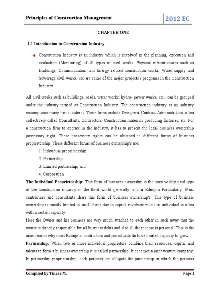Principles of Construction Management: Chapter One 1.1 Introduction To ...