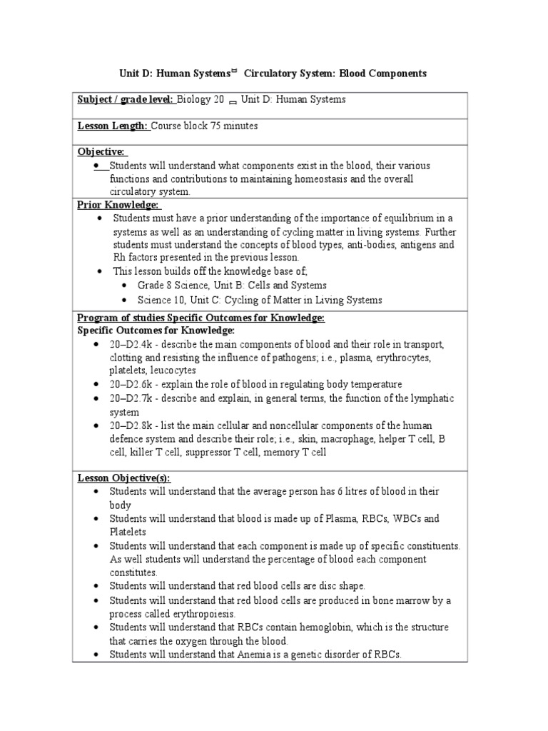 Blood Components Lesson Plan PDF Free | Download Free PDF | Red Blood ...
