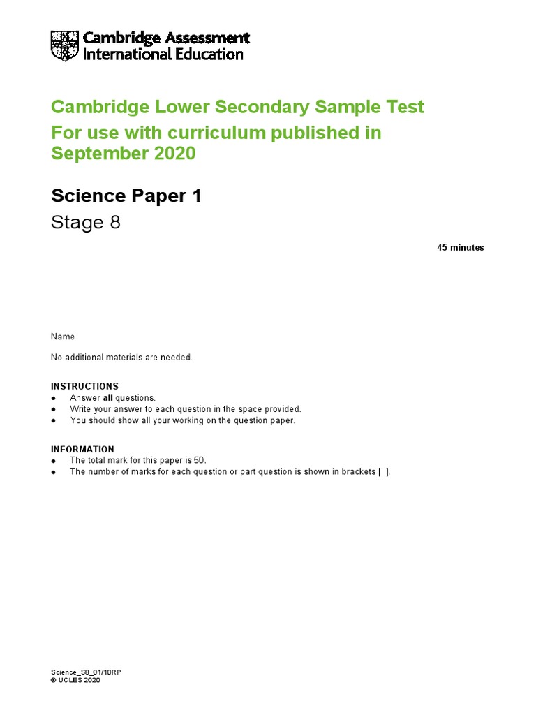 Science Stage 8 Sample Paper 1 - tcm143-595703 | PDF | Asteroid | Atoms