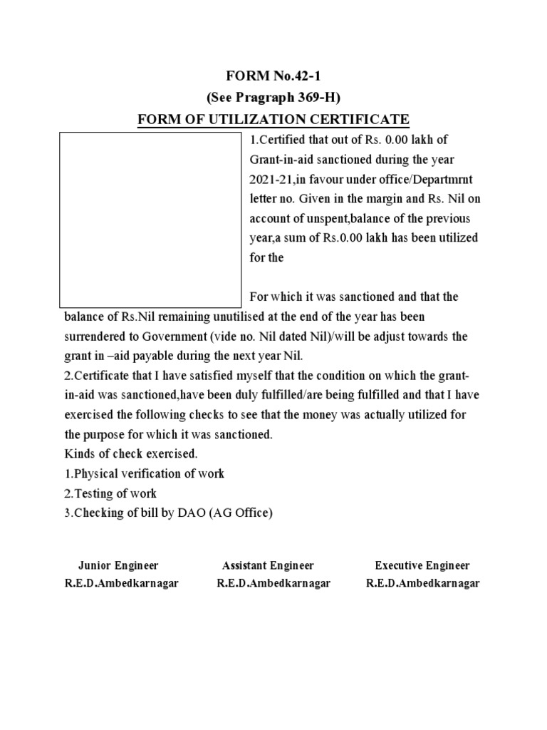 FORM No.42-1 (See Pragraph 369-H) Form of Utilization Certificate | PDF ...