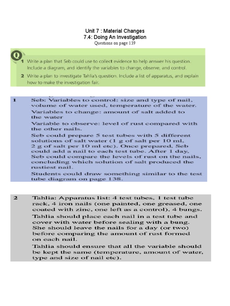 Unit 7: Material Changes 7.4: Doing An Investigation: Questions On Page ...