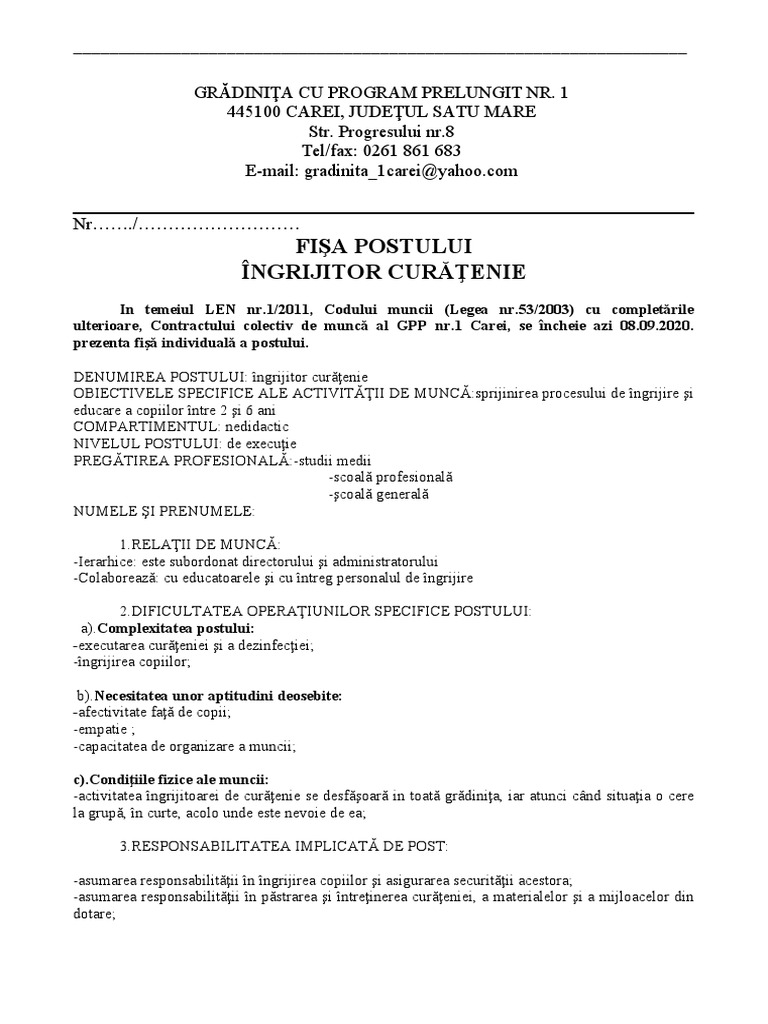 Fisa Postului Ingrijitoare Concurs | PDF