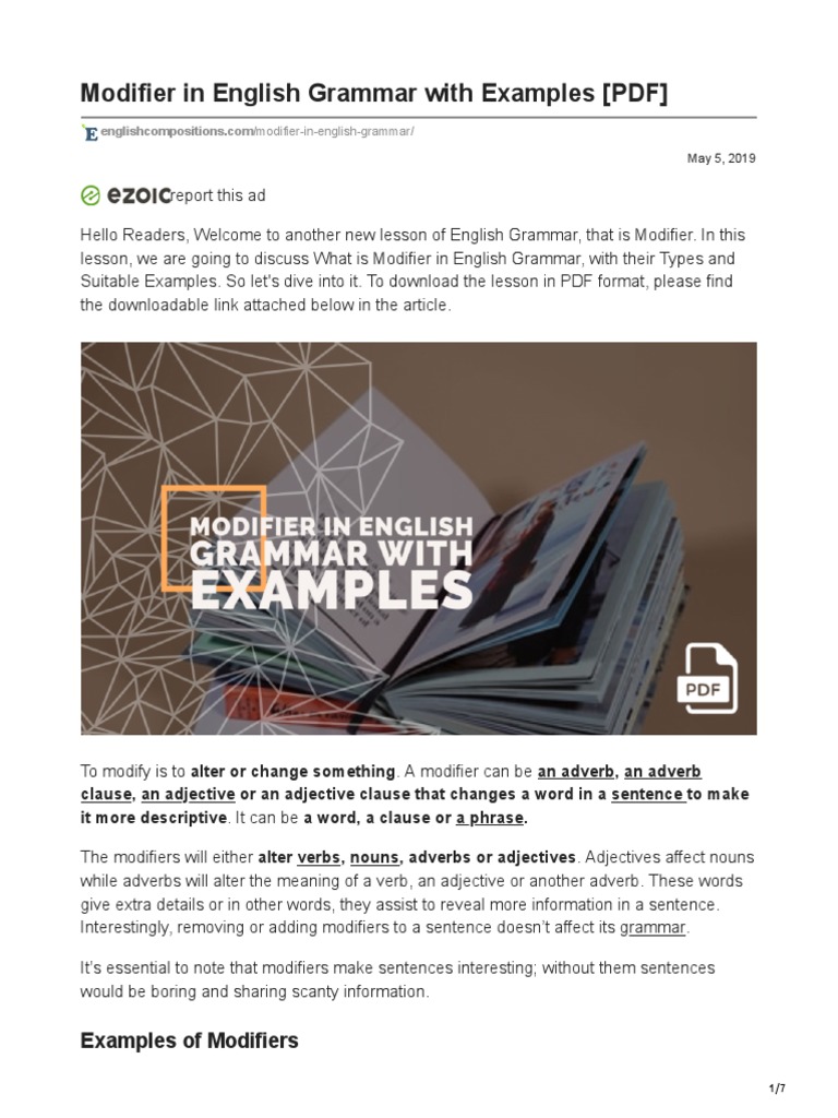 Modifier in English Grammar With Examples PDF | PDF | Adverb | Adjective