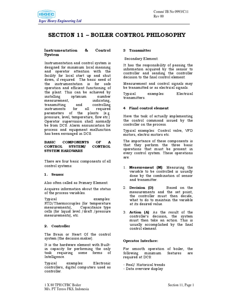 Section 11 Boiler Control Philosophy R01 | PDF | Boiler | Instrumentation